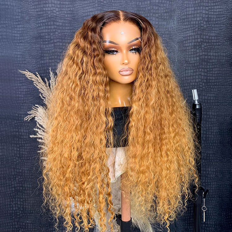Ombre Honey Blonde Loose Deep Wave HD Lace Wig With Dark Roots Wiggins Hair Wiggins Hair